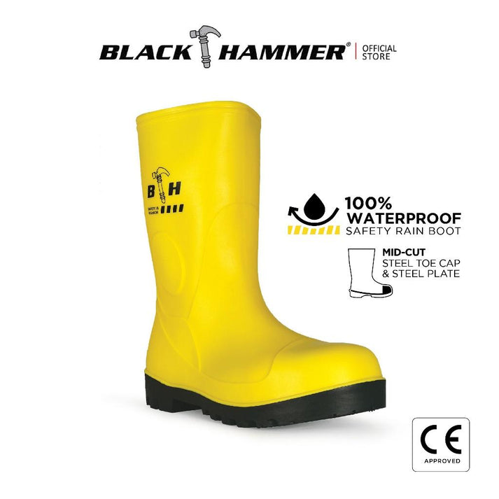 Black Hammer Safety Rain Boots 27cm with Steel Toe Cap and Steel Midso ...